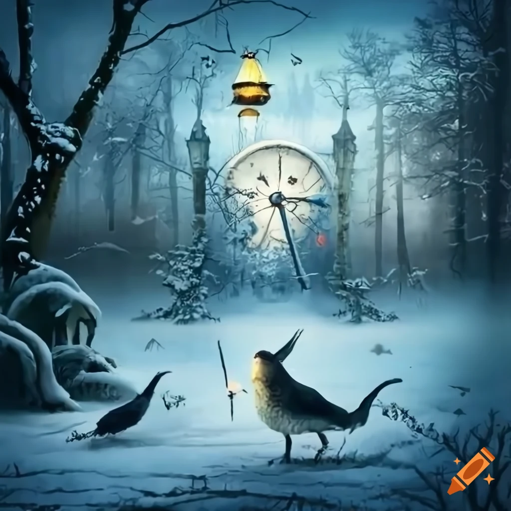 Surreal winter scene with sparkling snow in a park on Craiyon