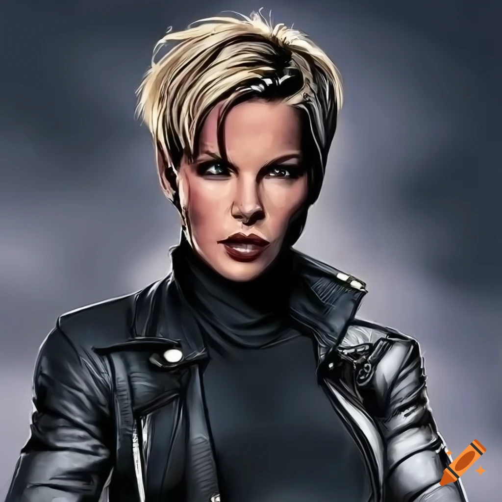Comic book art of a strong woman in leather jacket on Craiyon