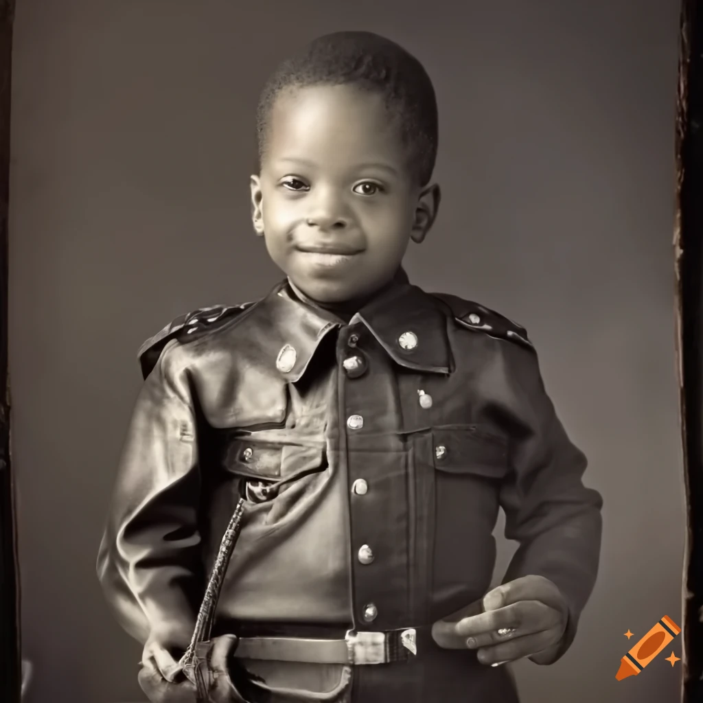 Vintage photo of a young boy in a security guard uniform on Craiyon
