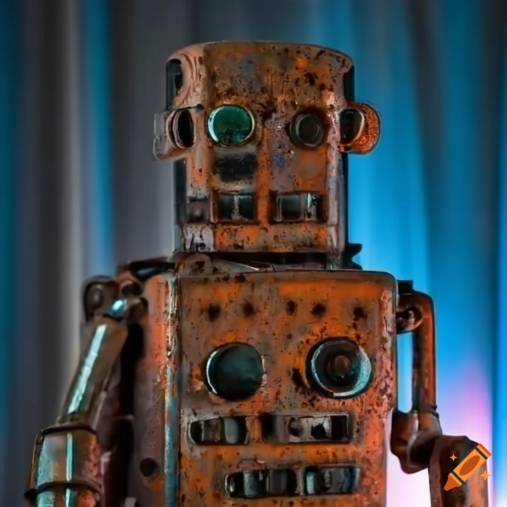 Close-up of a rusty robot's shiny keyboard