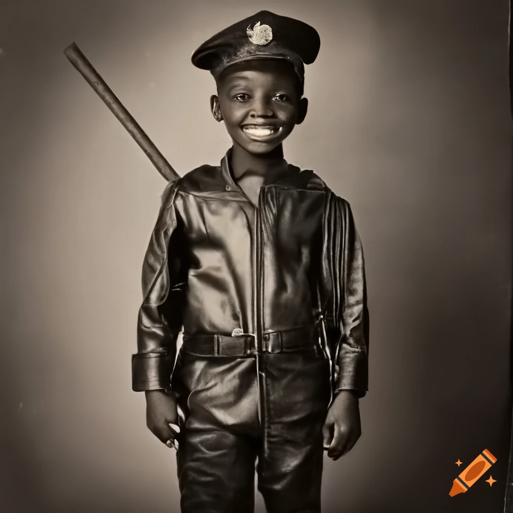 Vintage photo of a confident young boy in a security guard uniform on ...