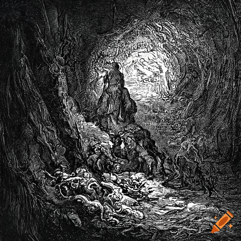 Illustration of dark myceliums in castle tunnels on Craiyon