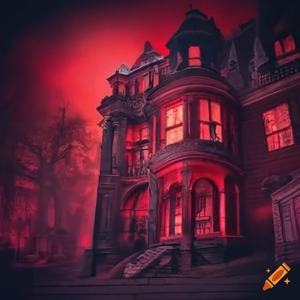 Photo of a destroyed haunted mansion with red lights