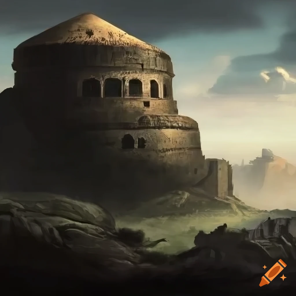 Concept art of a gritty landscape with bunker castles