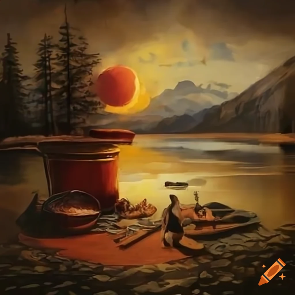 Painting of Colonel Sanders in a mountainous landscape with a lake on ...