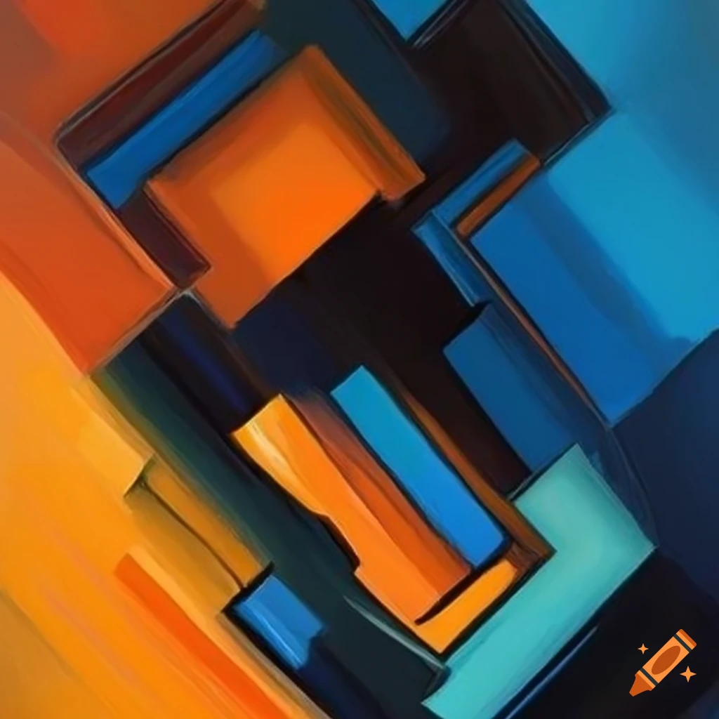 Abstract cubistic painting in black, orange, and blue on Craiyon