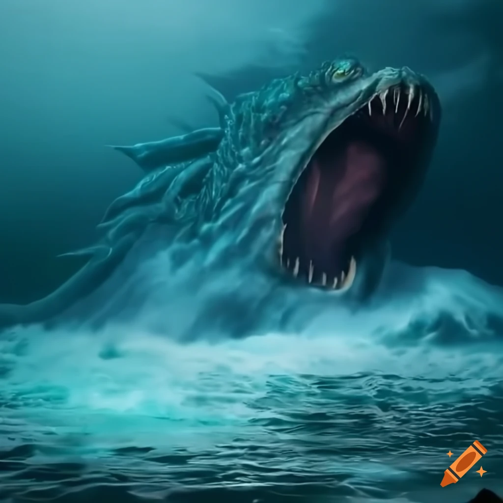 Dramatic image of a monster emerging from the sea on Craiyon