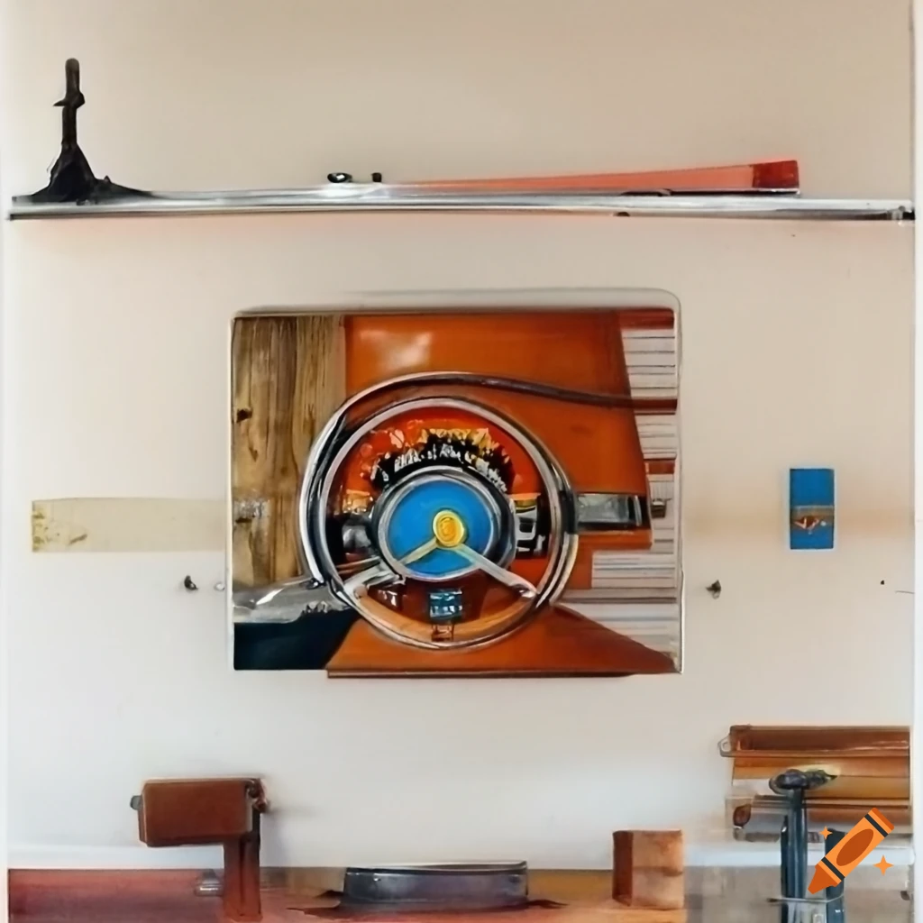 Vintage car mechanic shop with a kitschy mid-century kitchen clock on ...