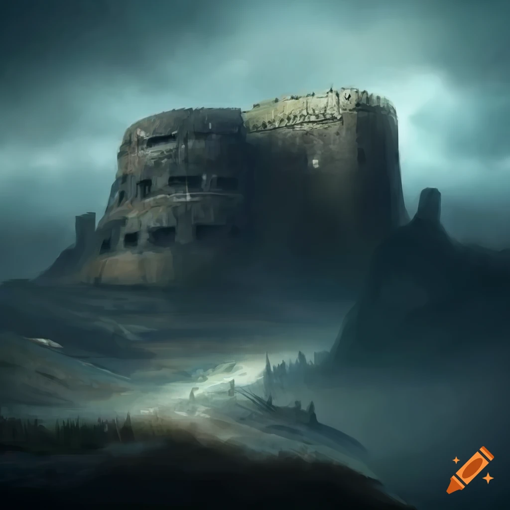 Concept art of a gritty landscape with bunker castles on Craiyon