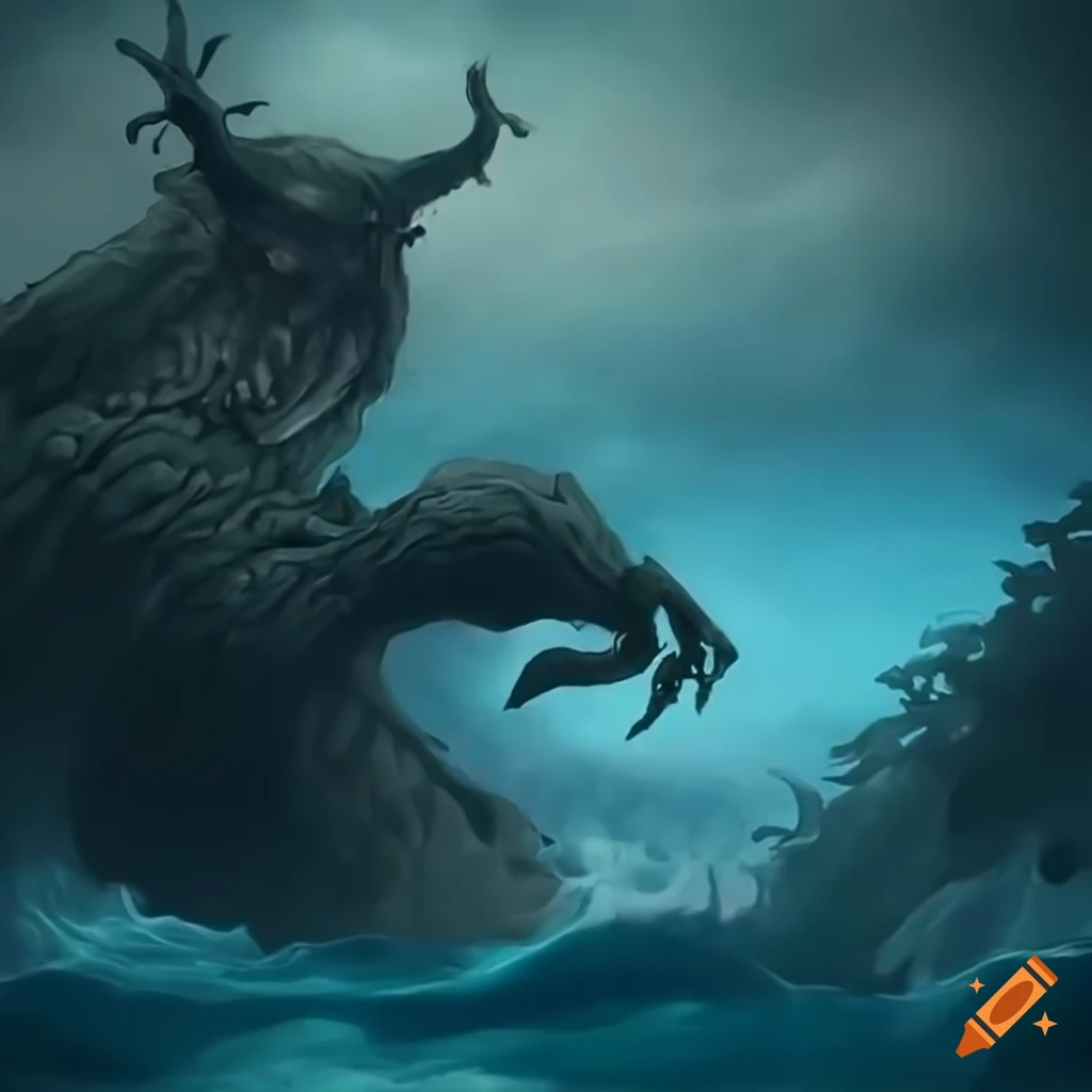 Illustration of a monstrous creature emerging from the sea on Craiyon