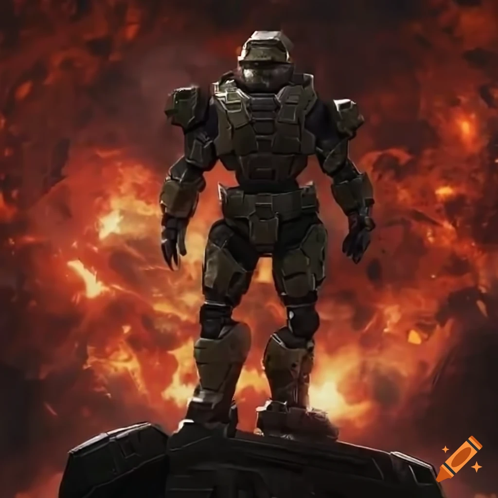 Spartan in Halo Infinite amidst a fiery explosion on Craiyon