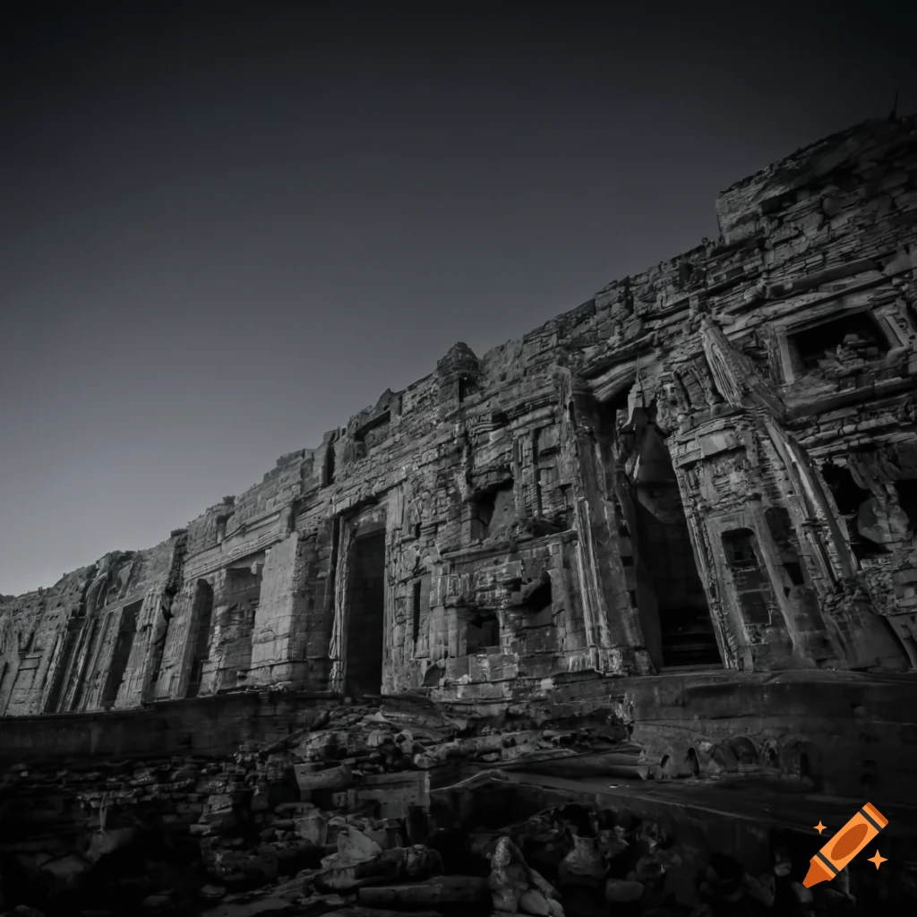 Photograph of alien city ruins with volumetric lighting