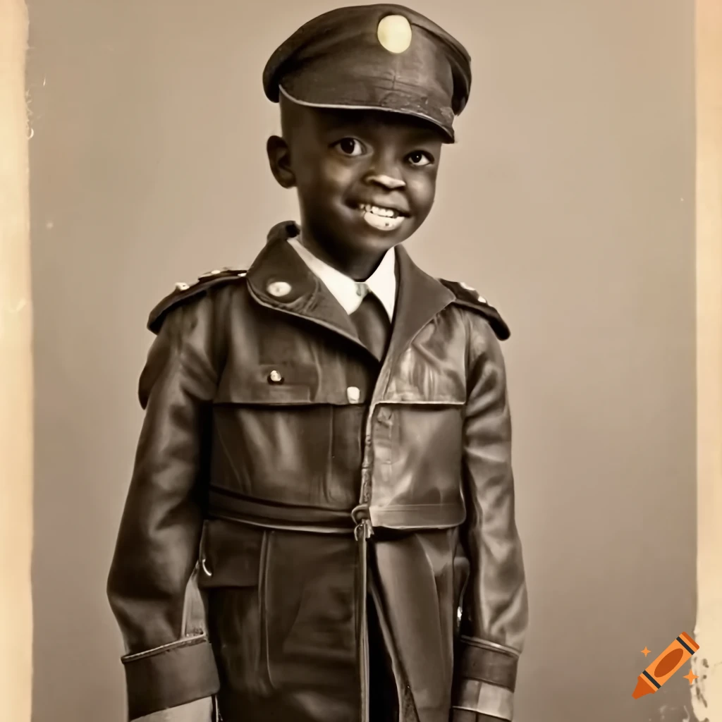 Vintage photo of a young boy in a security guard uniform on Craiyon