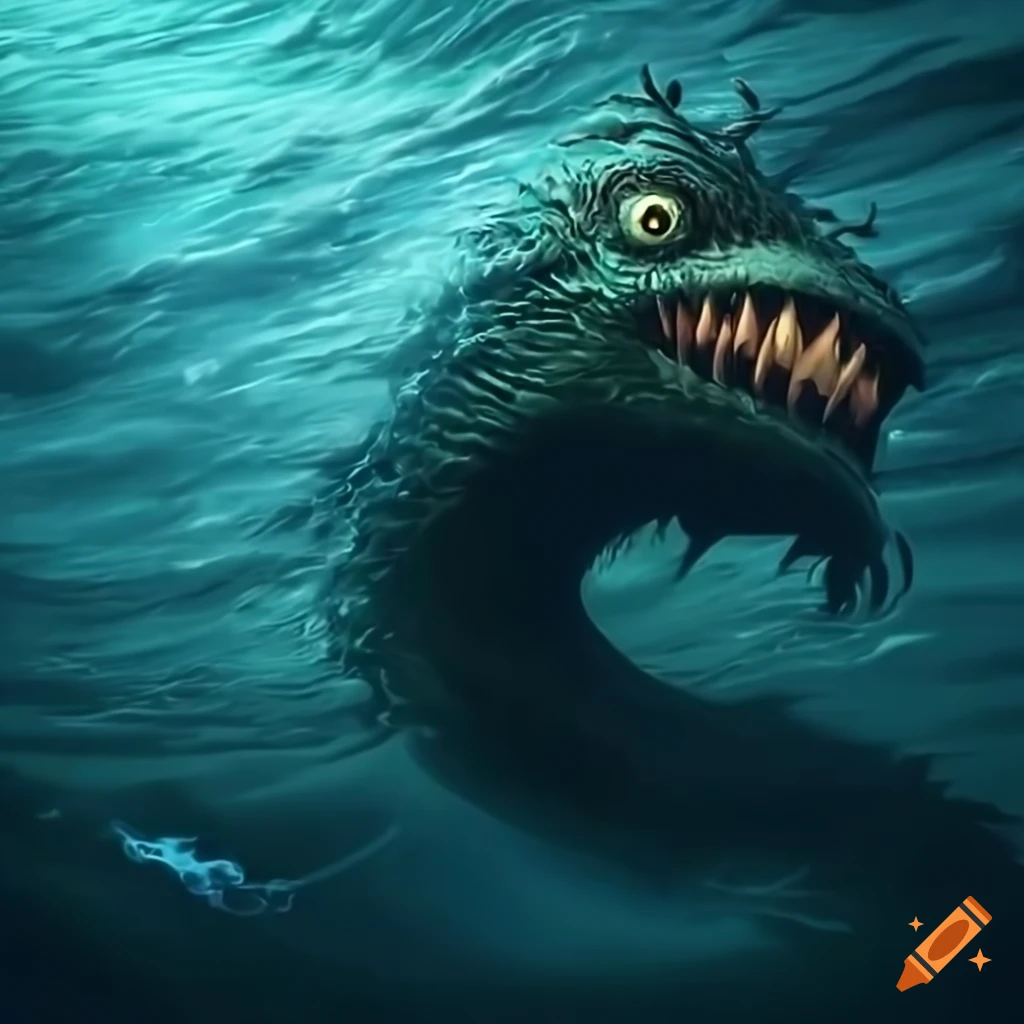 Monster rising from a raging sea in a fairytale illustration on Craiyon