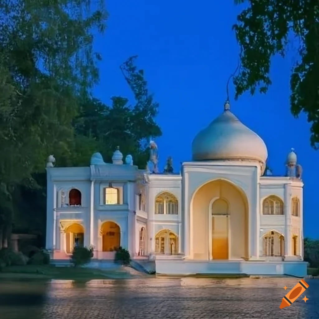 Frontal view of mahal white house in mediterranean architectural style ...