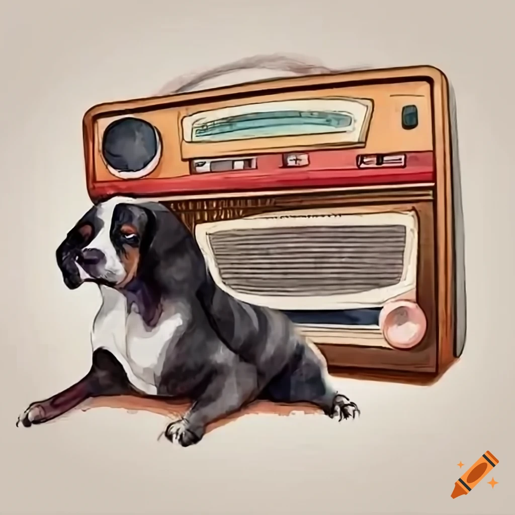 Dog lying next to a vintage radio