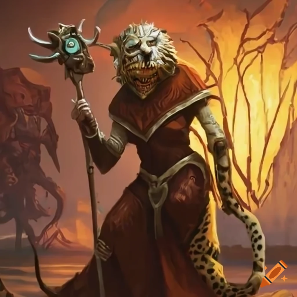 Artwork of a cheetah humanoid priest with staff