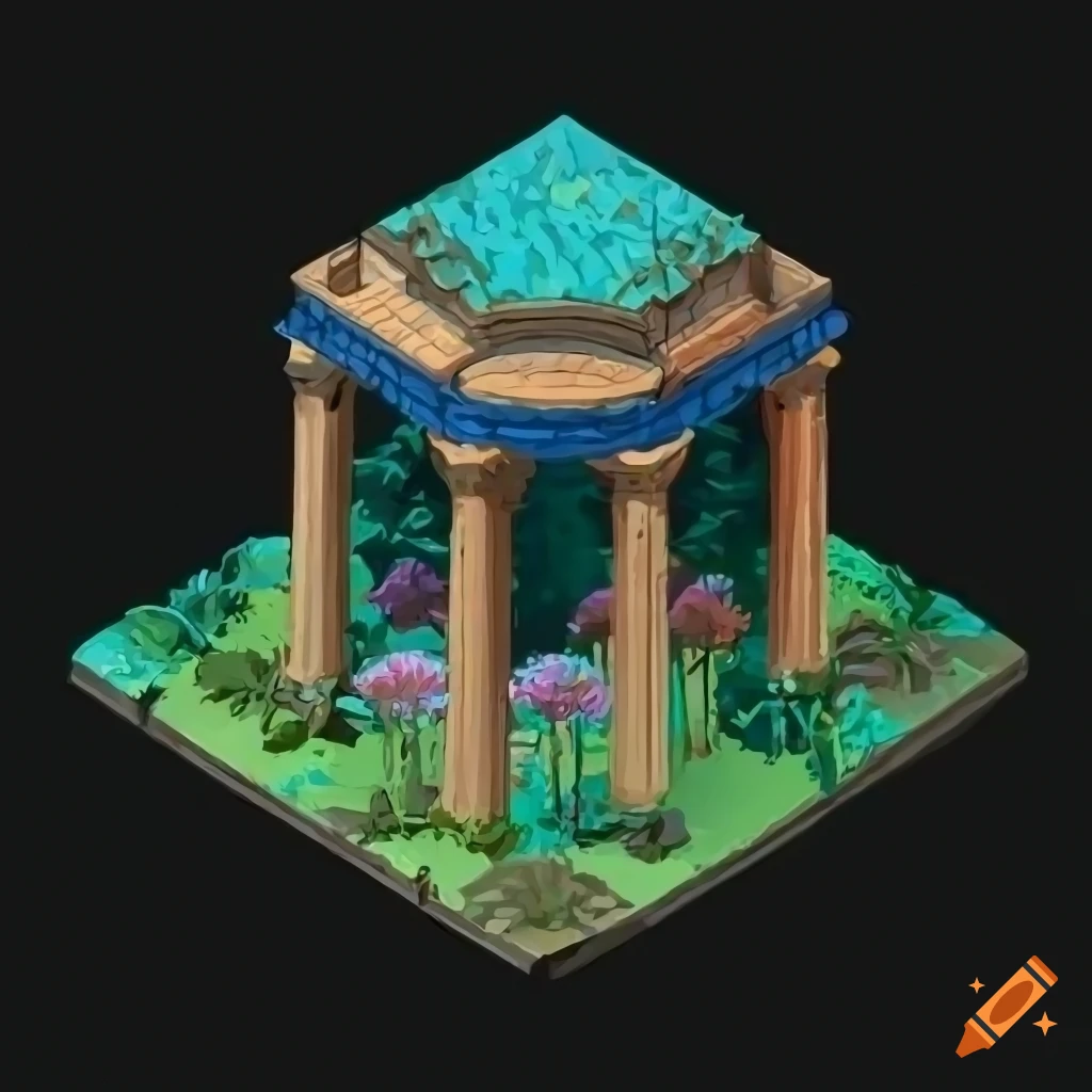 Isometric diorama of a greek temple with gardens and fountains on Craiyon