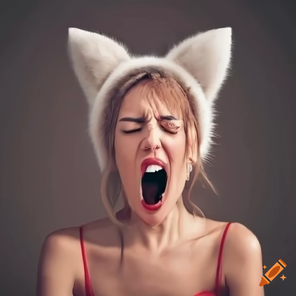 Woman with fox ears yawning on Craiyon