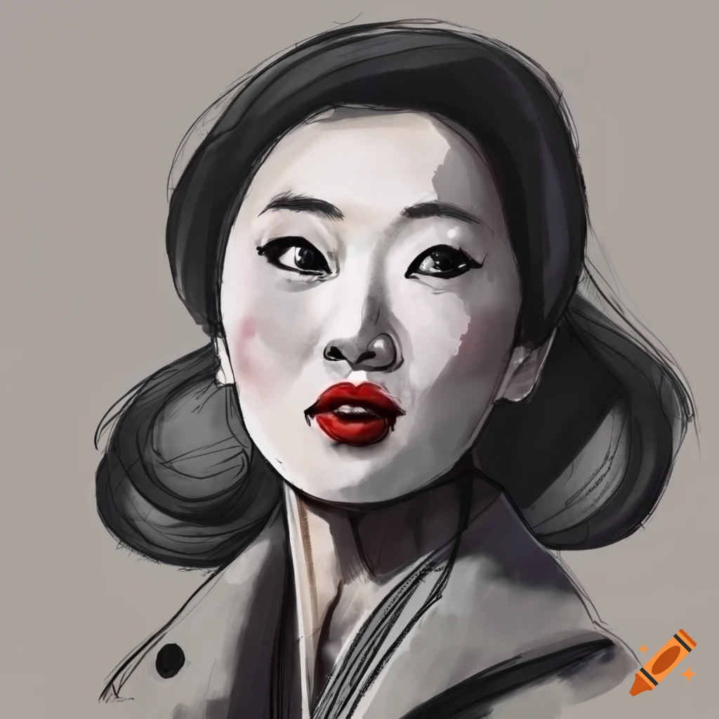 Strong outline pencil drawing of an asian woman in the style of simon ...