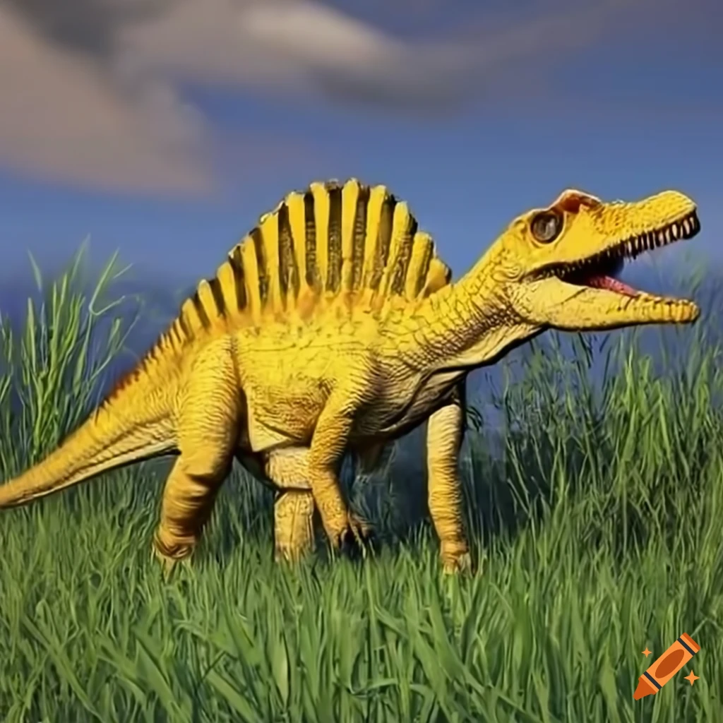 Yellow spinosaurus in tall grass on Craiyon