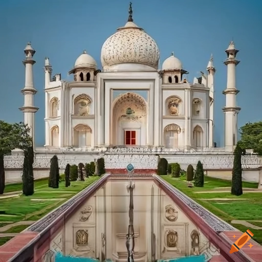 Frontal elevation view of mughal mahal white house on Craiyon