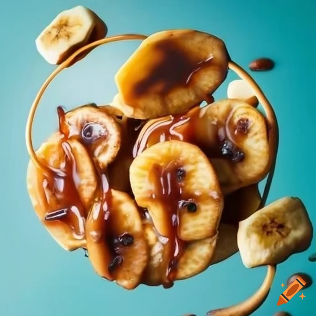 Caramelized banana chips with caramel sauce on Craiyon
