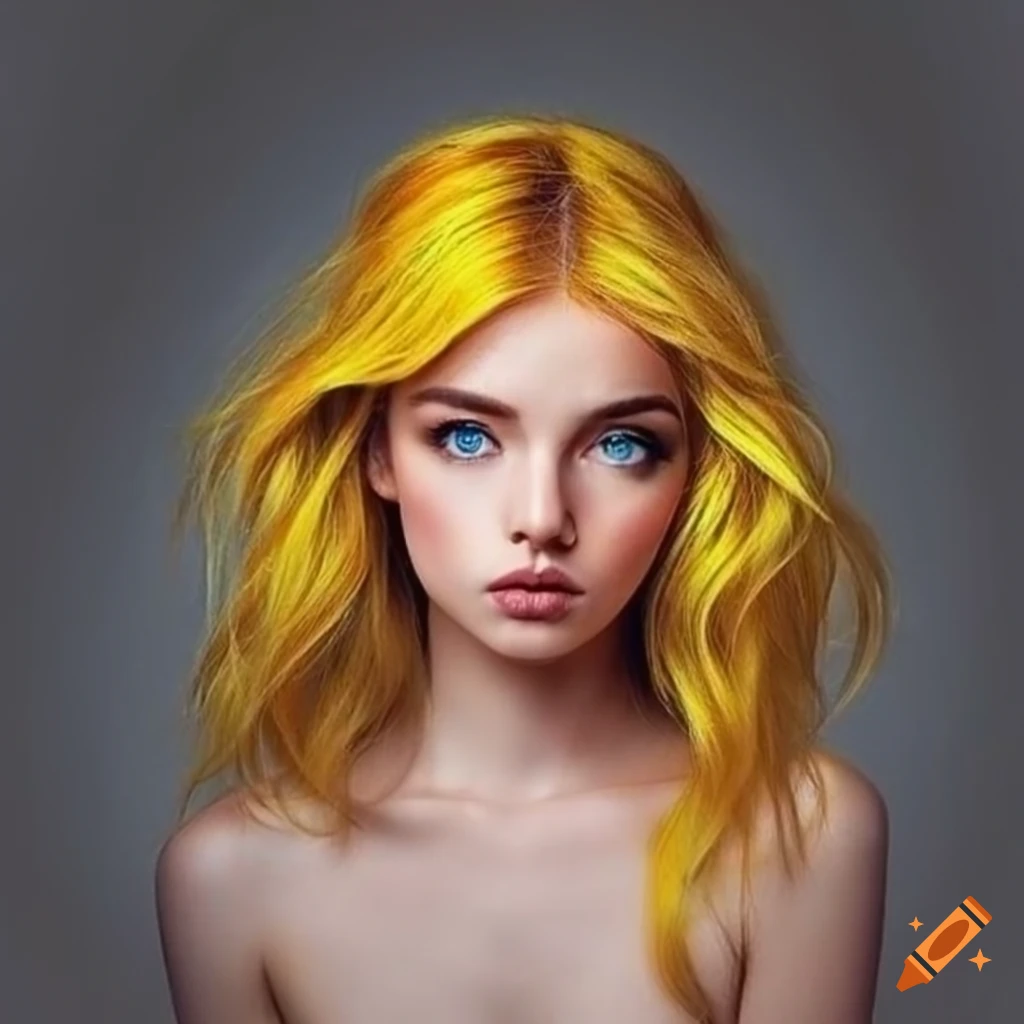 Portrait of a woman with blue eyes and yellow wavy hair on Craiyon