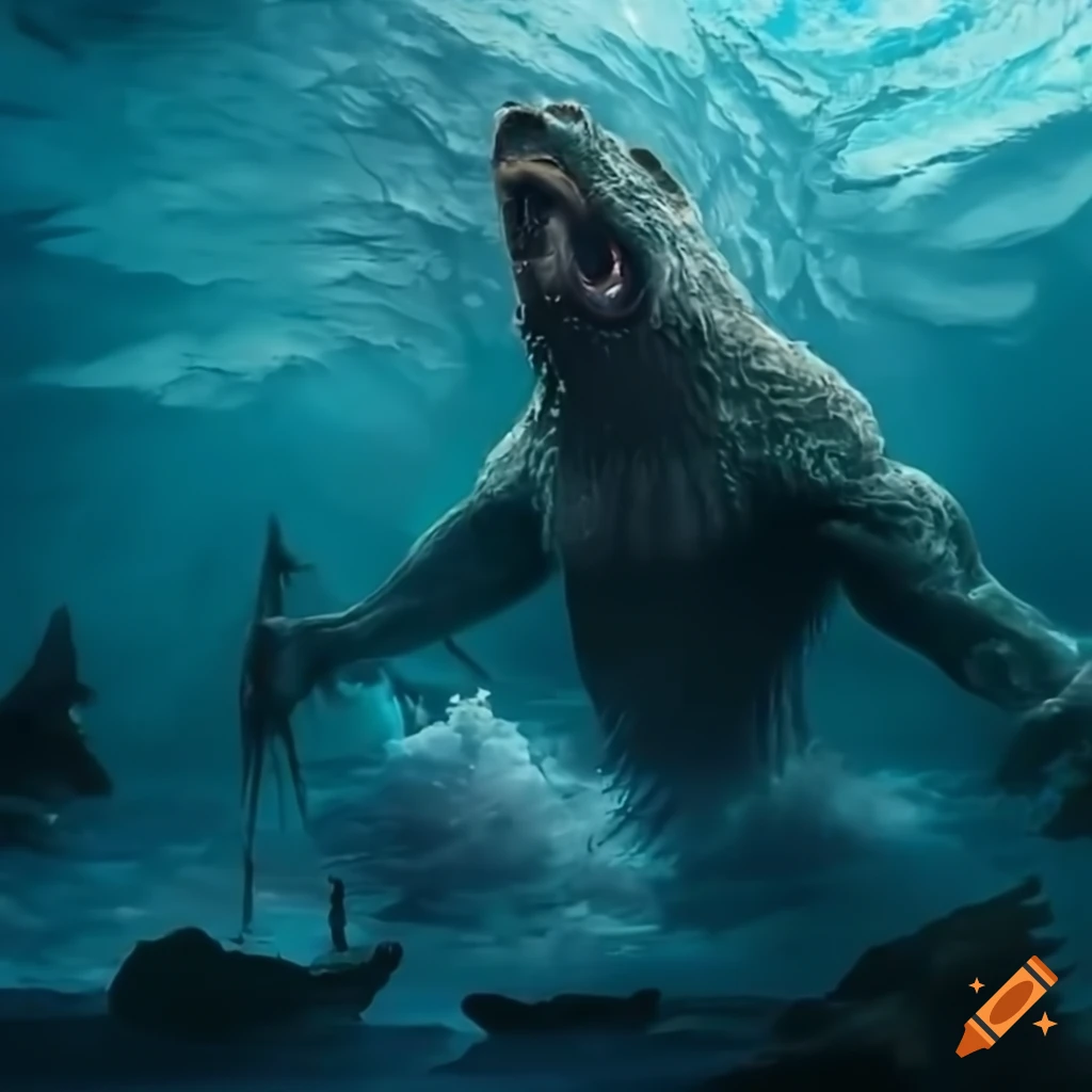 Detailed image of a monstrous creature emerging from the sea on Craiyon