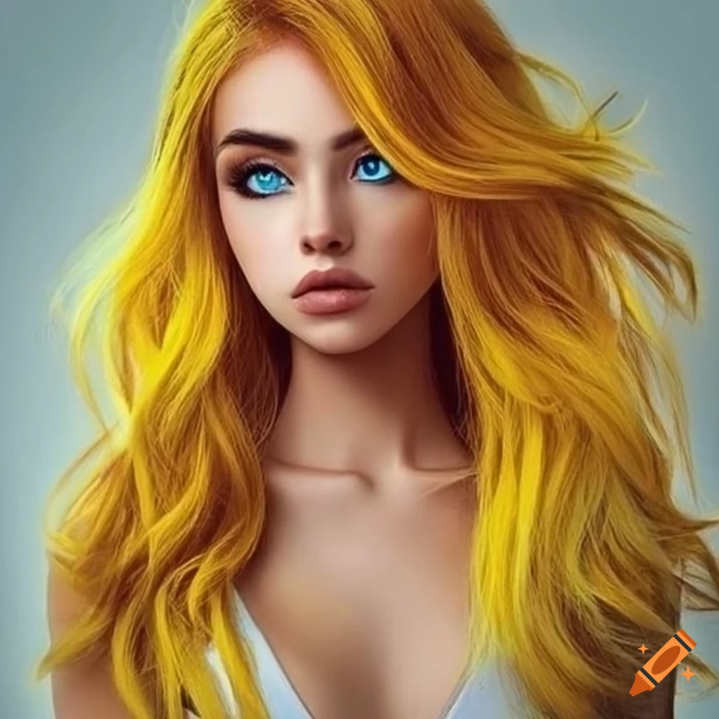 Portrait of a woman with blue eyes and yellow wavy hair on Craiyon