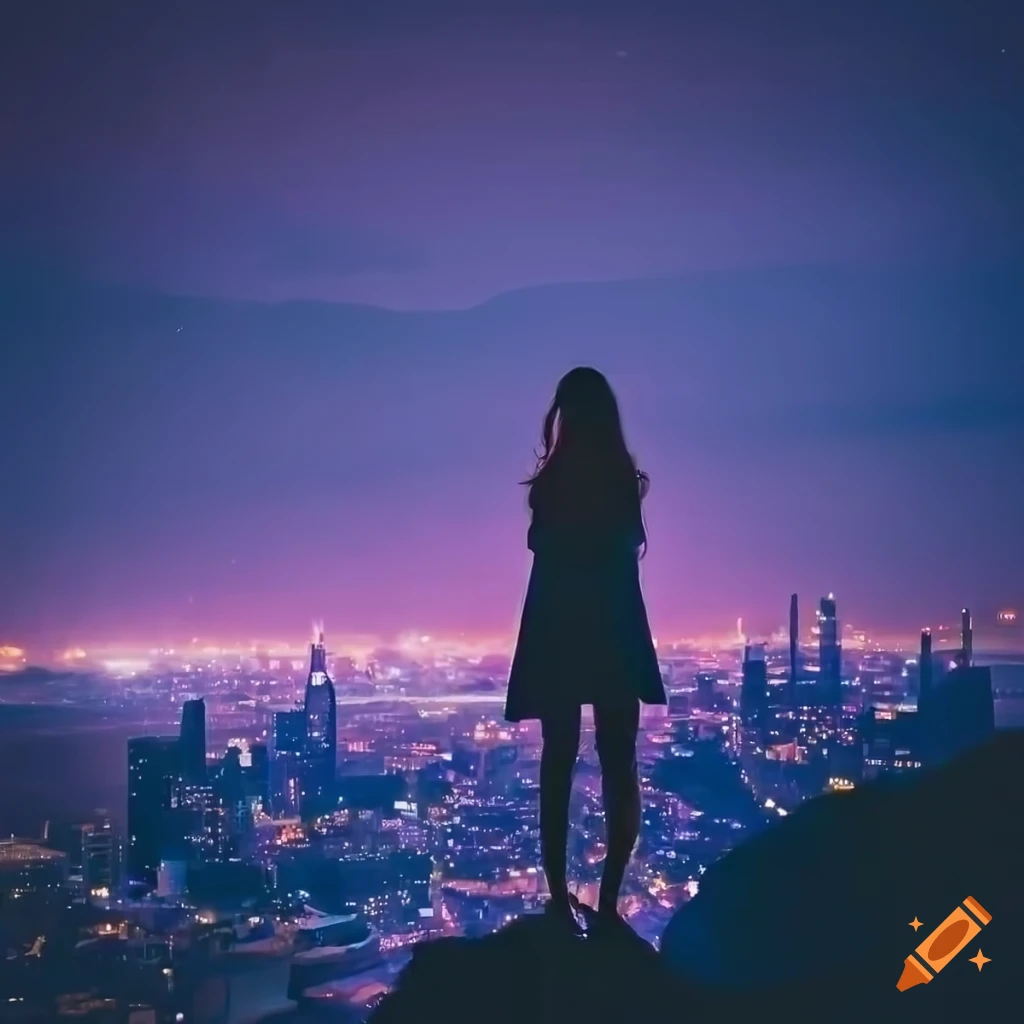 Girl standing on a cliff overlooking a city at night on Craiyon