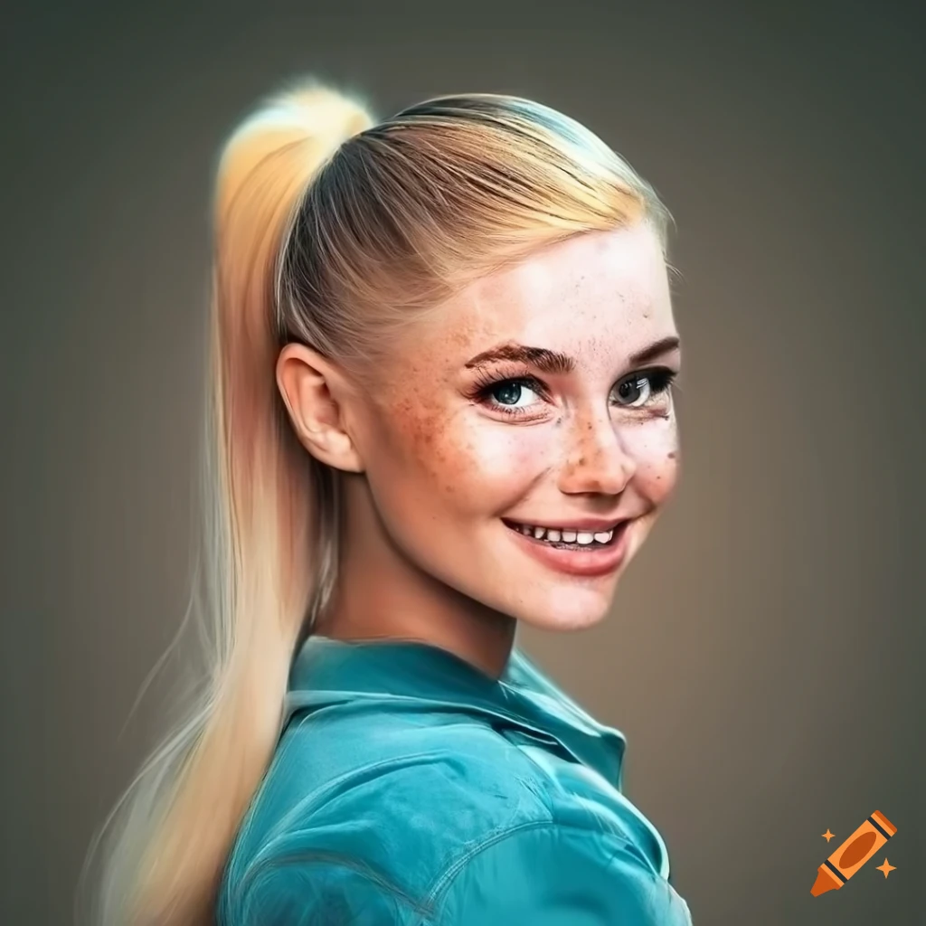 Portrait Of A Beautiful Young Woman With Freckles And Blonde Hair On