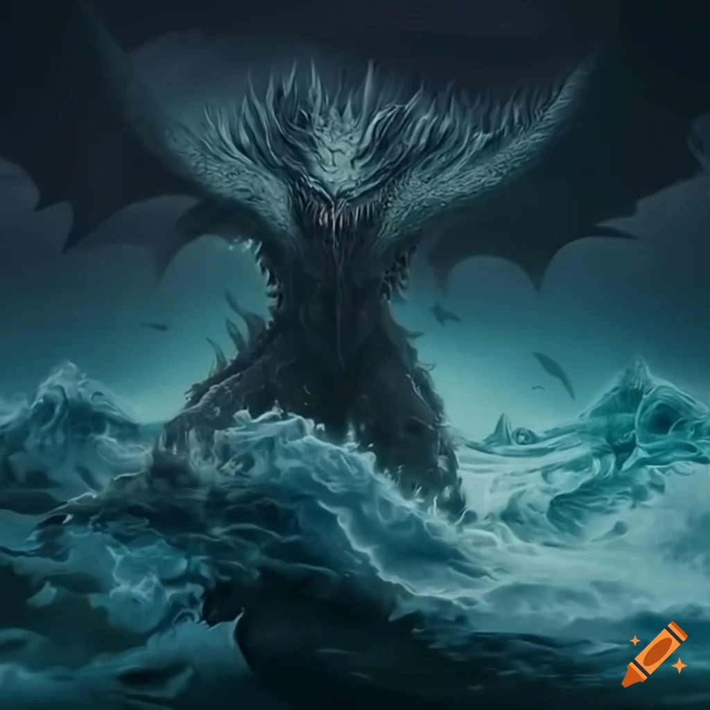 Illustration of a monstrous creature emerging from the sea on Craiyon