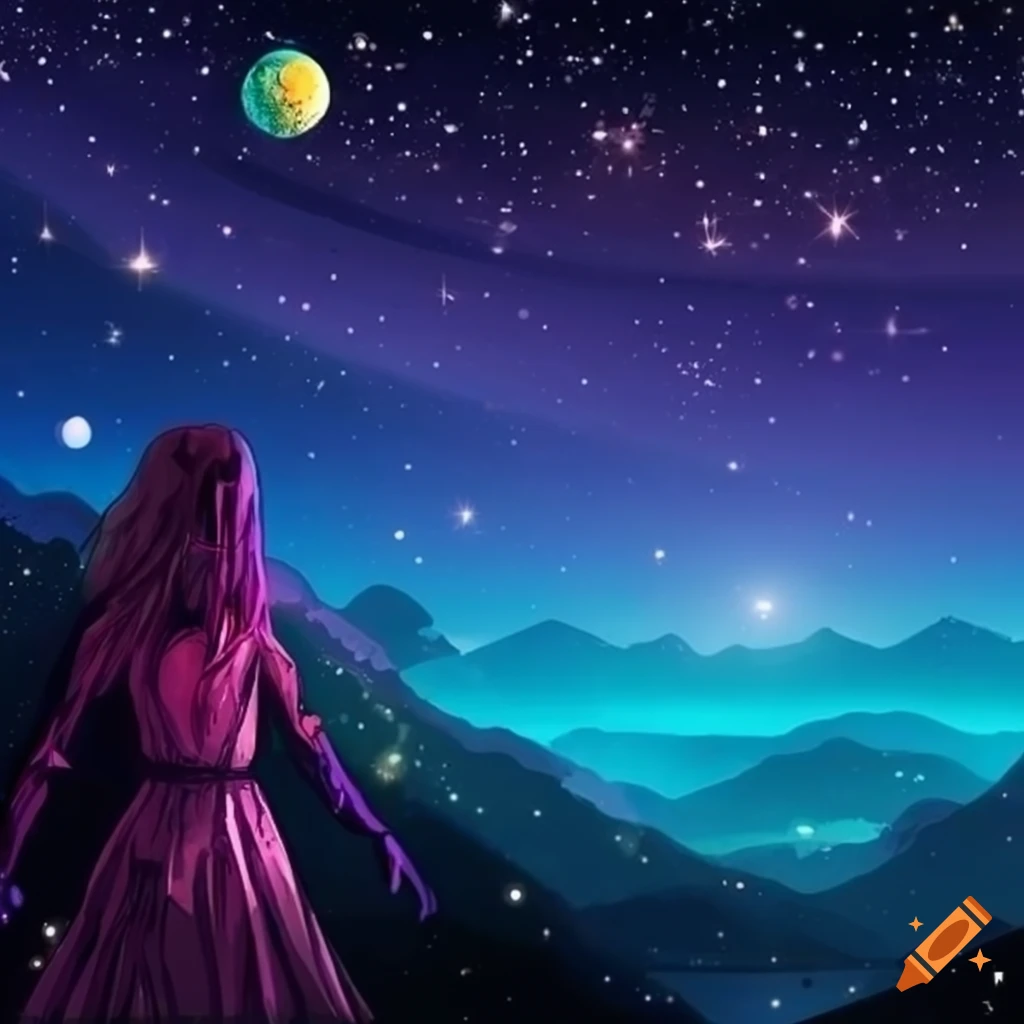 Colorful comic style night sky with distant planets on Craiyon