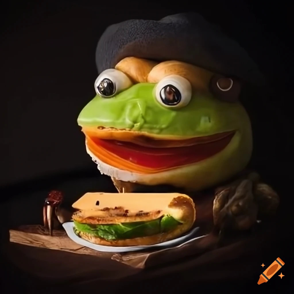 Surreal caravaggio-style cheese frog cooking a hamburger on Craiyon