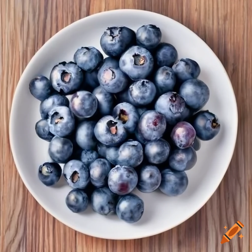 Top view photo of blueberries in a white plate on Craiyon