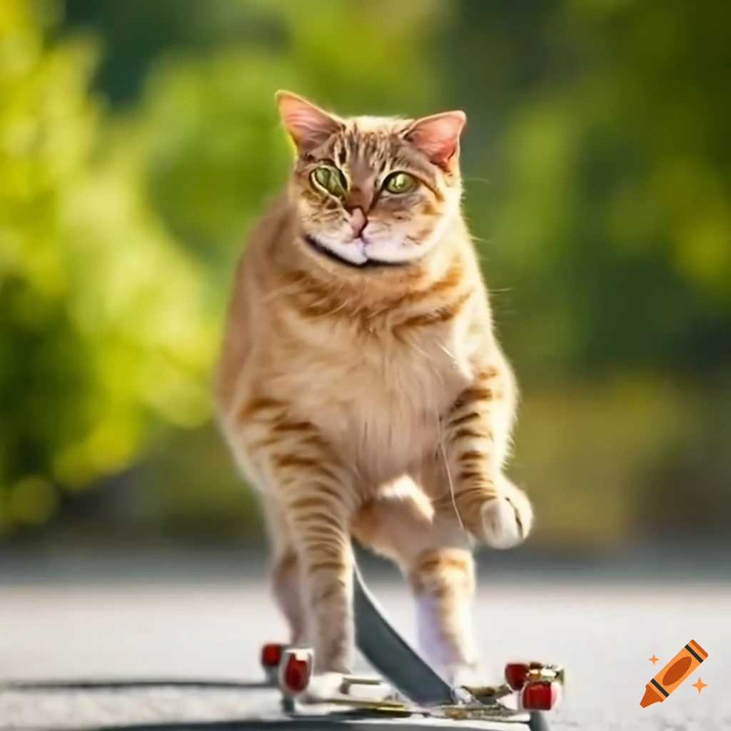 Ginger cat riding skateboard with bicycle helmet on Craiyon