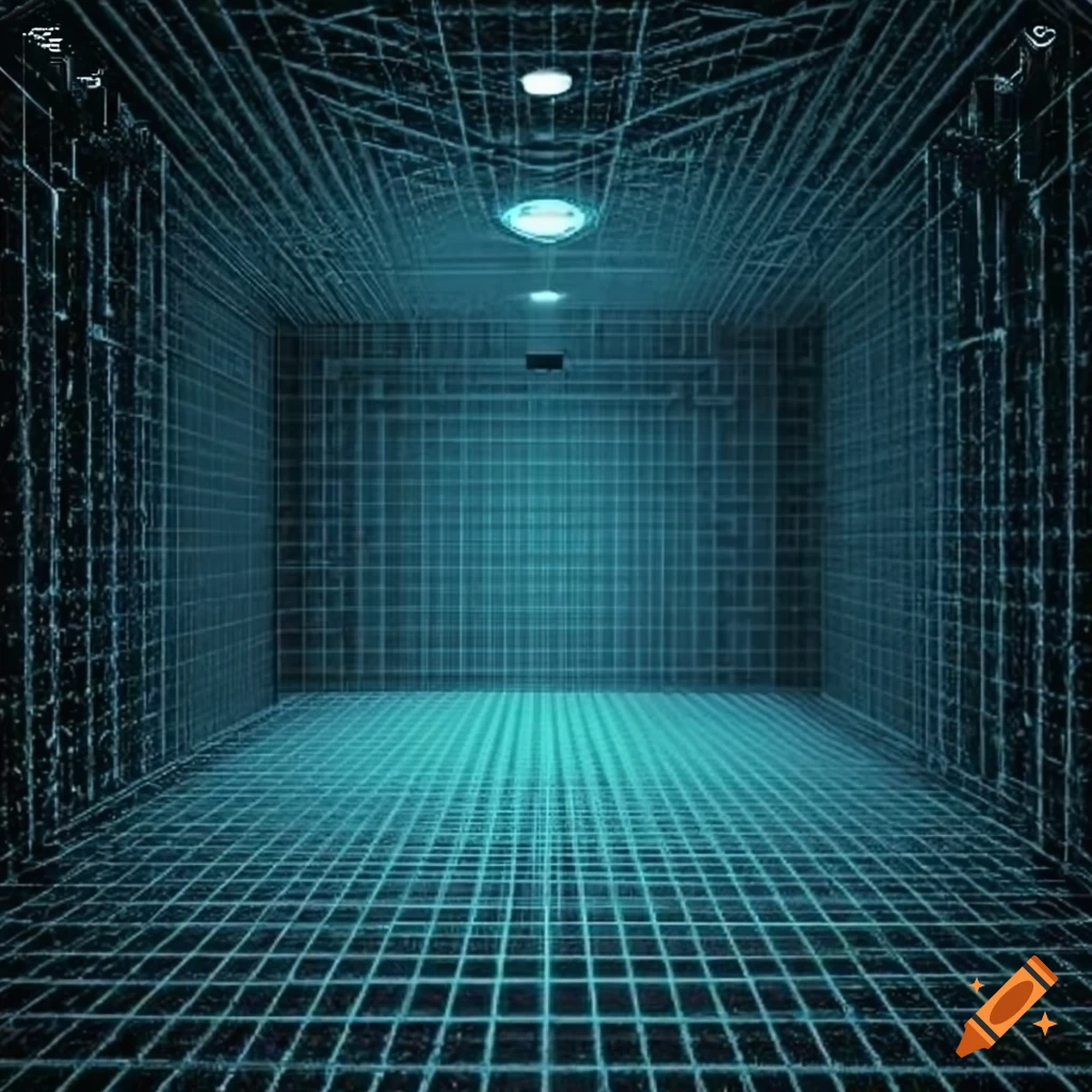 Luminous grid pattern in an infinite virtual room on Craiyon