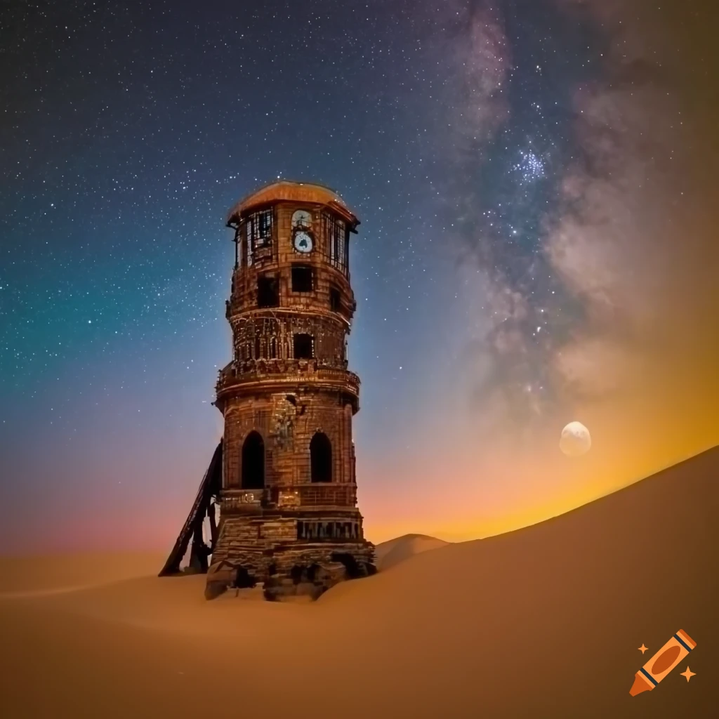 Steampunk tower rising from sand dunes with milky way in the sky on Craiyon