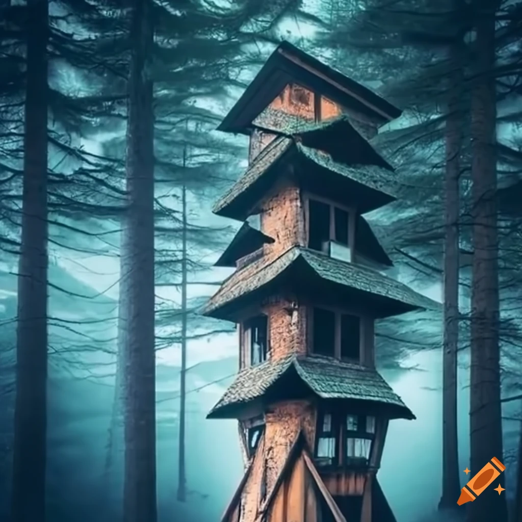 Cobblestone tower in the vibrant forest with a deer on Craiyon