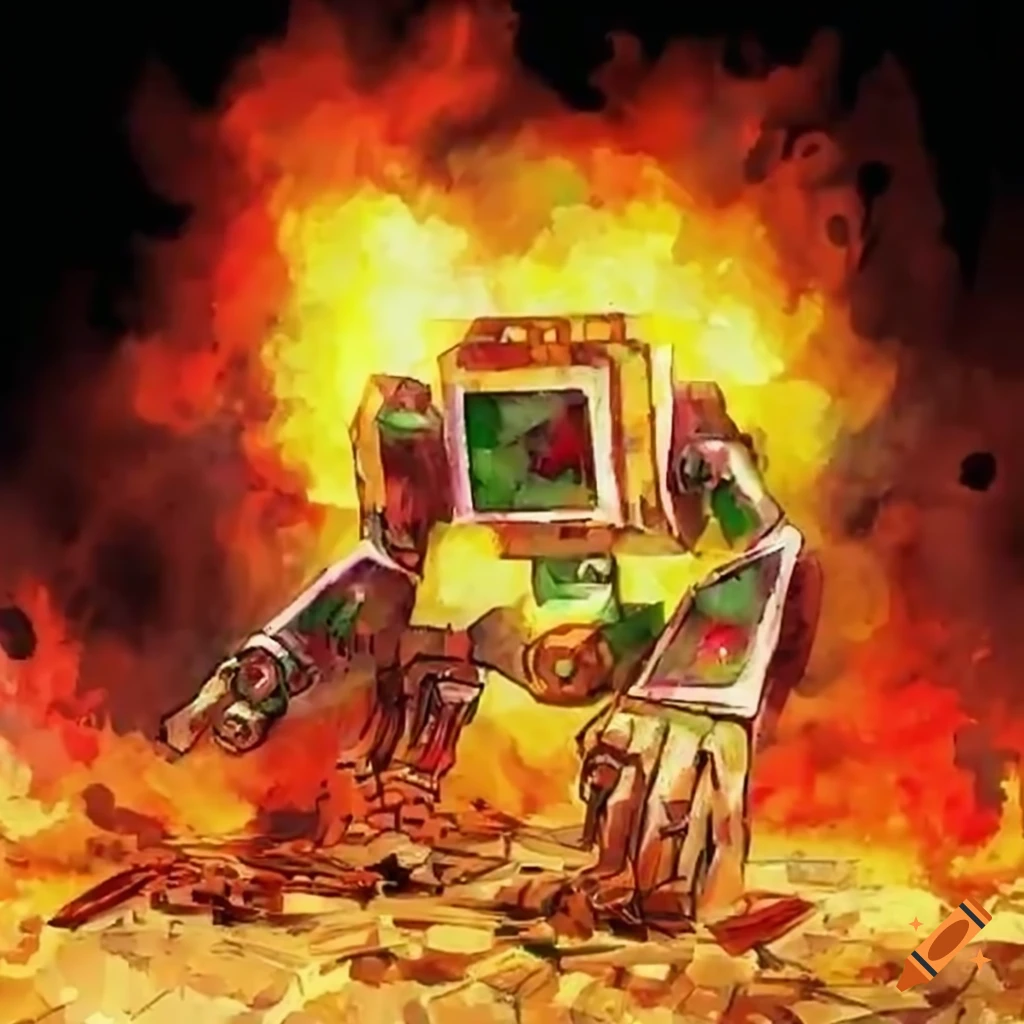 Image of fiery cube robots with claws