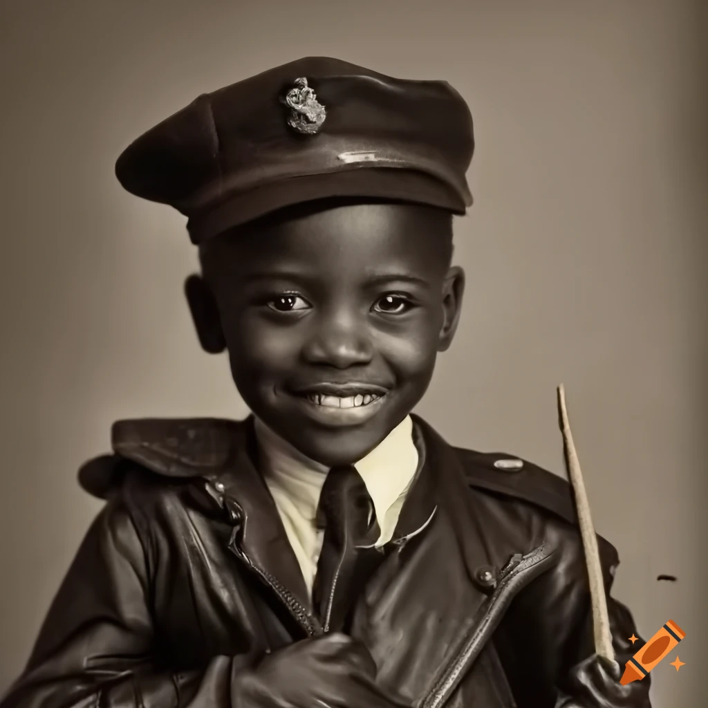 Vintage photo of a young boy in a security guard uniform on Craiyon