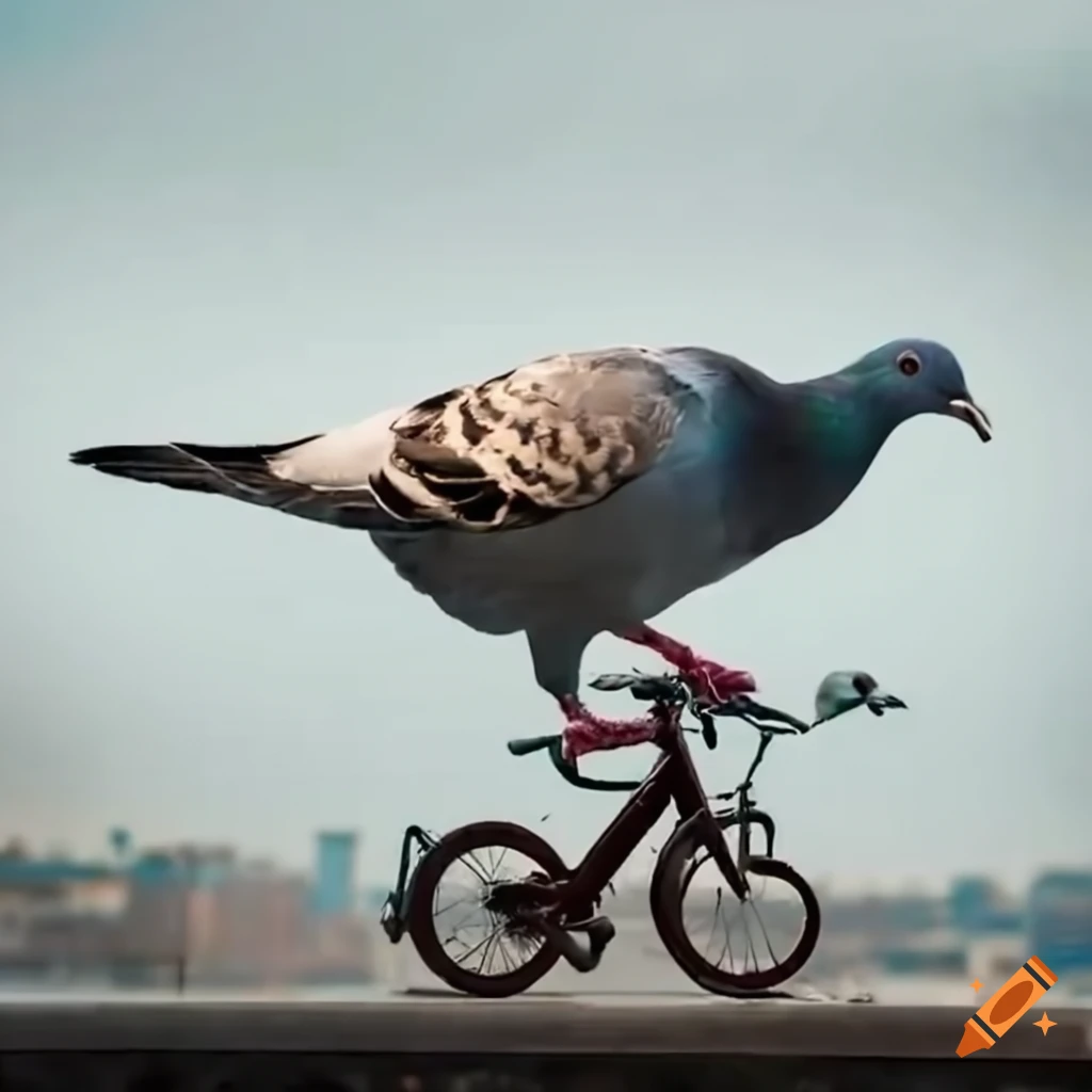 Satirical image of a pigeon on a one-wheel bicycle on the Eiffel tower ...