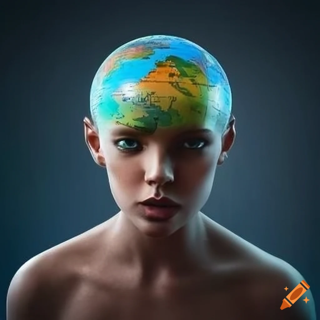 Surreal artwork of a human head as a globe