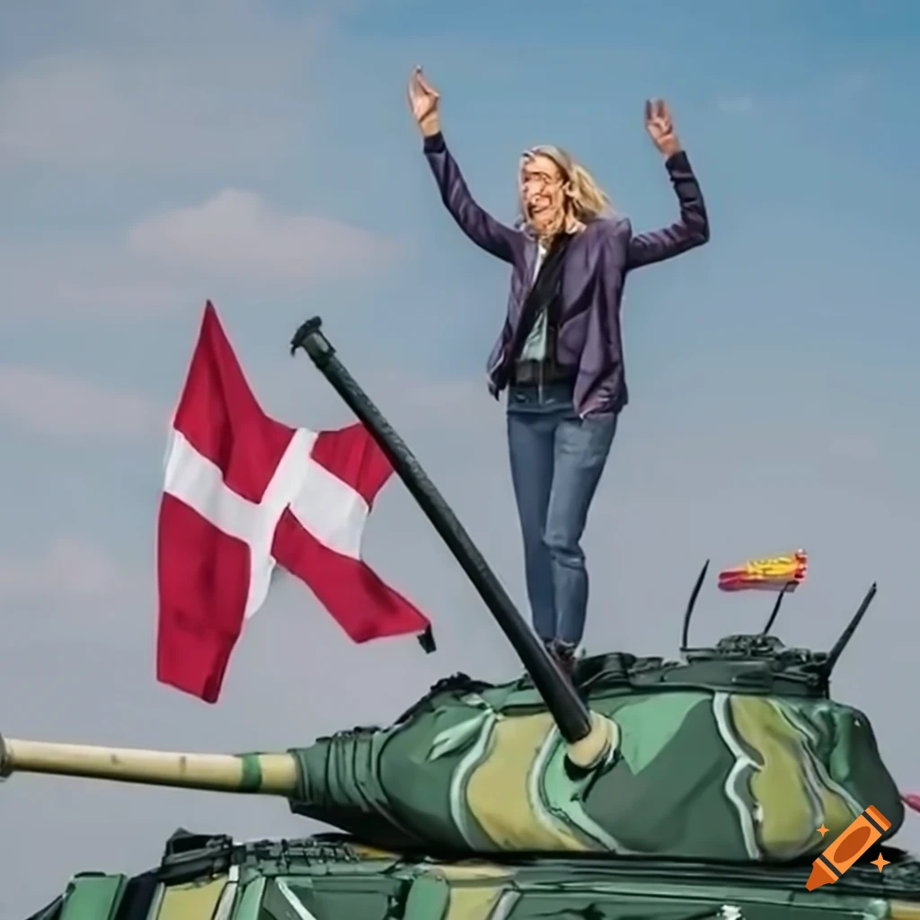Patriotic Danish politician standing on a tank with flag on Craiyon