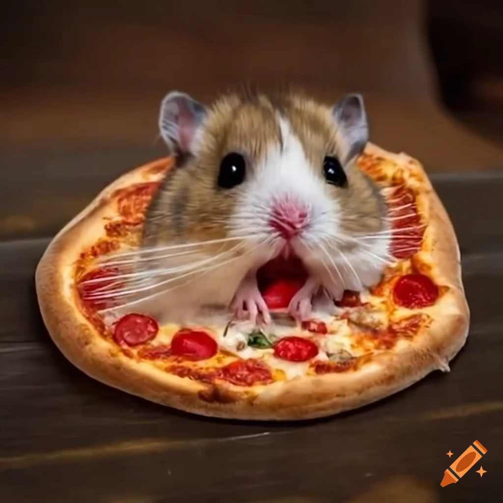 Hamster using cutlery to eat a pizza at a restaurant on Craiyon