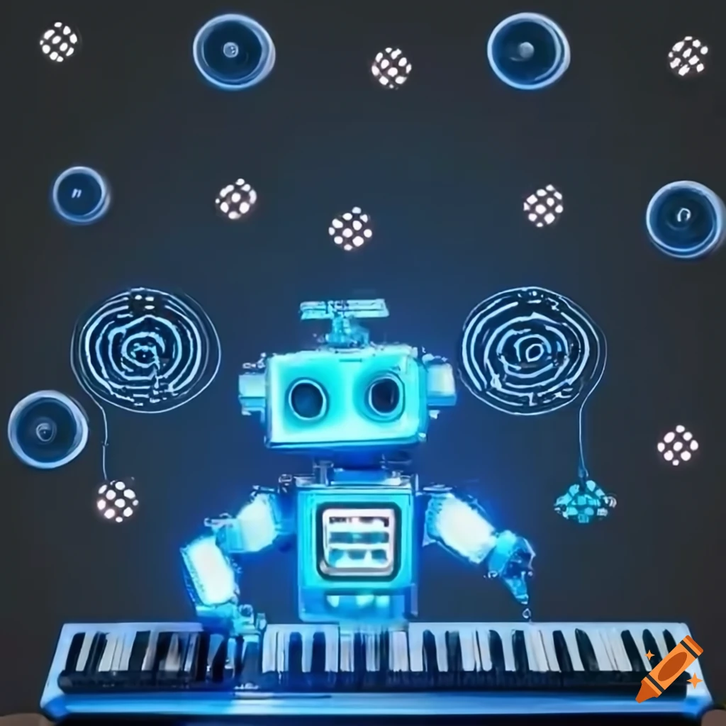 Futuristic synth with illuminated buttons and a small robot on Craiyon