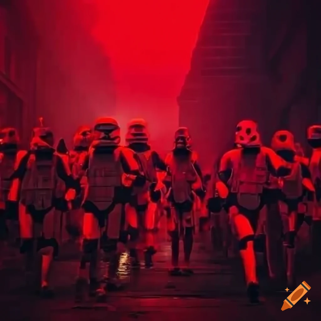 Red stormtroopers marching in a futuristic city at night on Craiyon