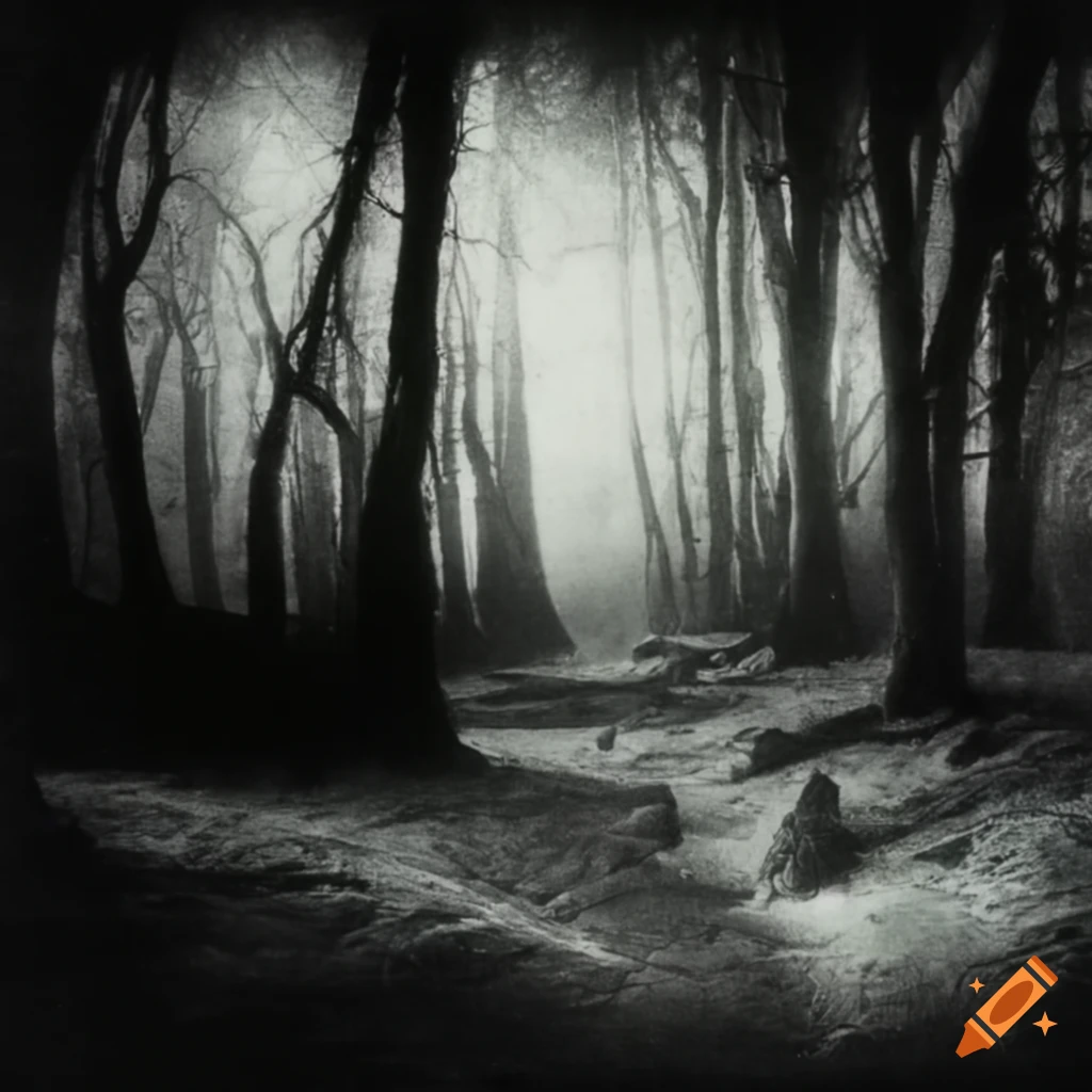 1920s film with pictorialism style depicting aokigahara forest on Craiyon