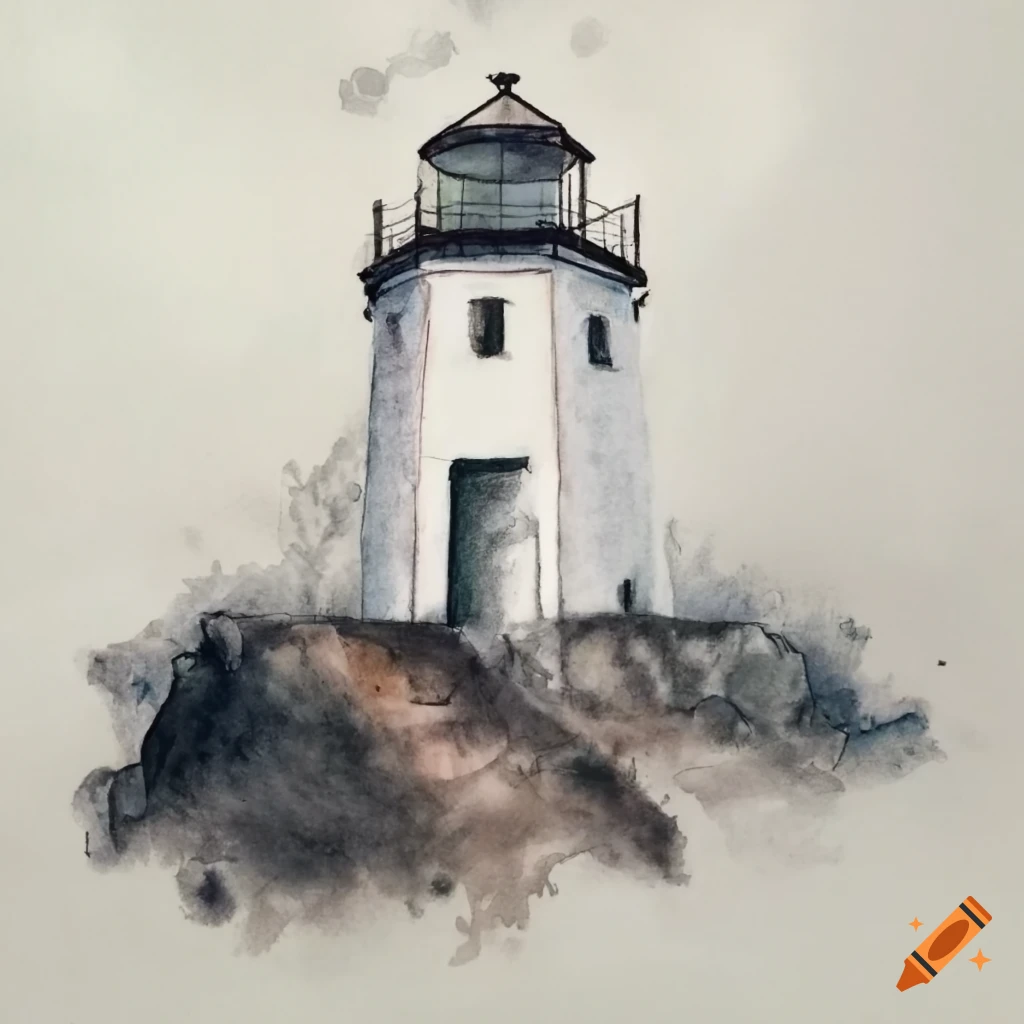 Charcoal drawing of a white lighthouse on a cliff by the sea on Craiyon